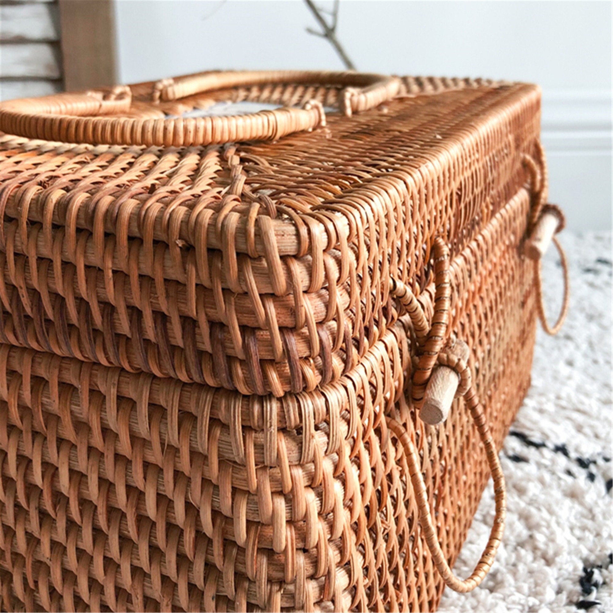 Rattan Woven Square Storage Basket With Lidrattan Storage | Etsy