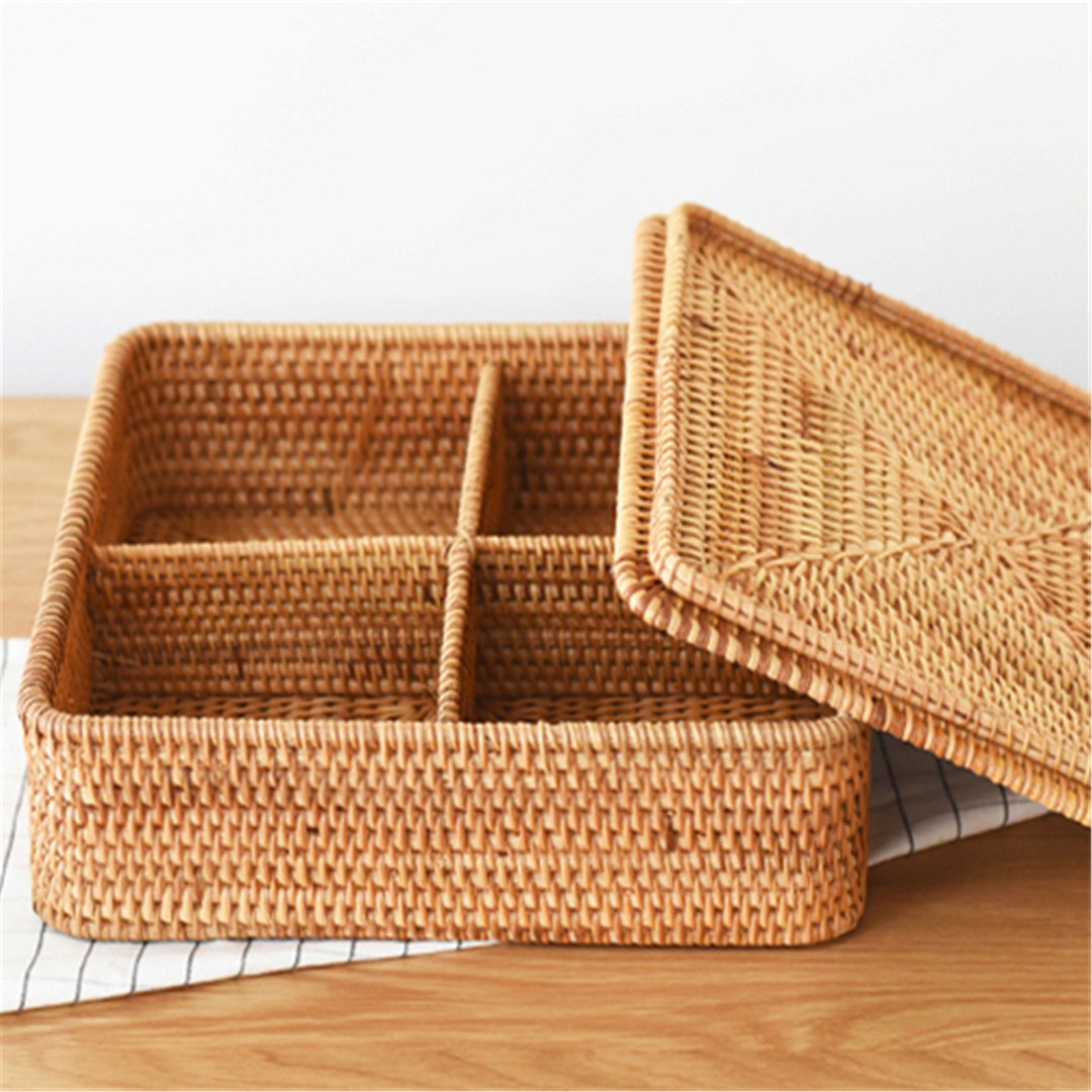 Rattan Woven Square Storage Basket With Cover,rattan Cosmetic Storage ...