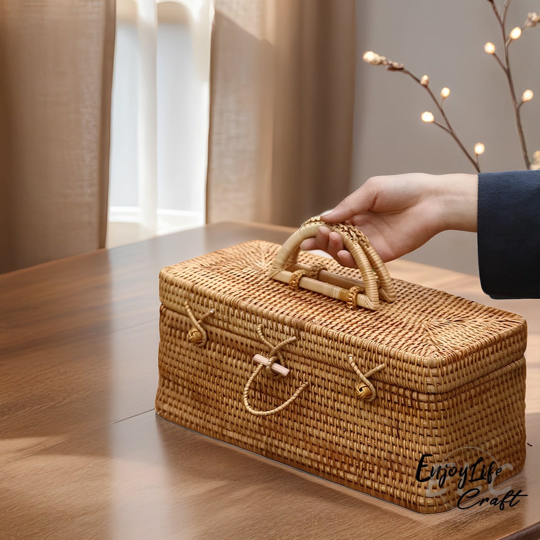 Rattan Woven Square Storage Basket With Lid and Handle,rattan Multi ...