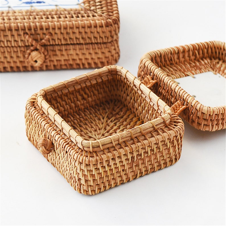 Rattan Woven Square Storage Basket With Coverrattan Jewellery - Etsy