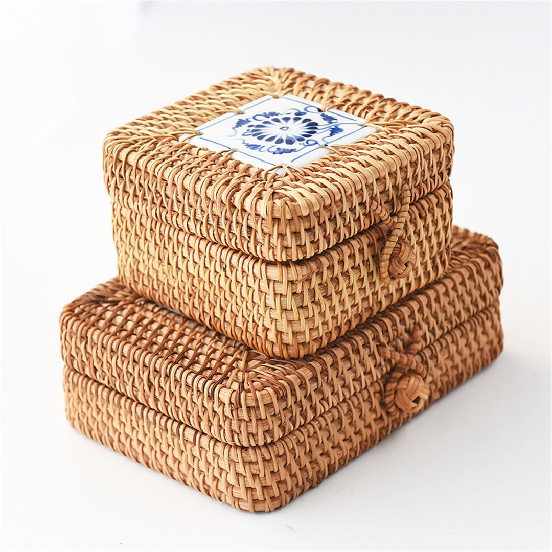 Rattan Woven Square Storage Basket With Cover,rattan Jewellery Box ...