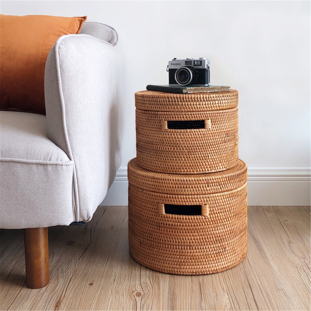 Round Rattan Woven Storage Basket With Lid,rattan Storage Box,toy ...