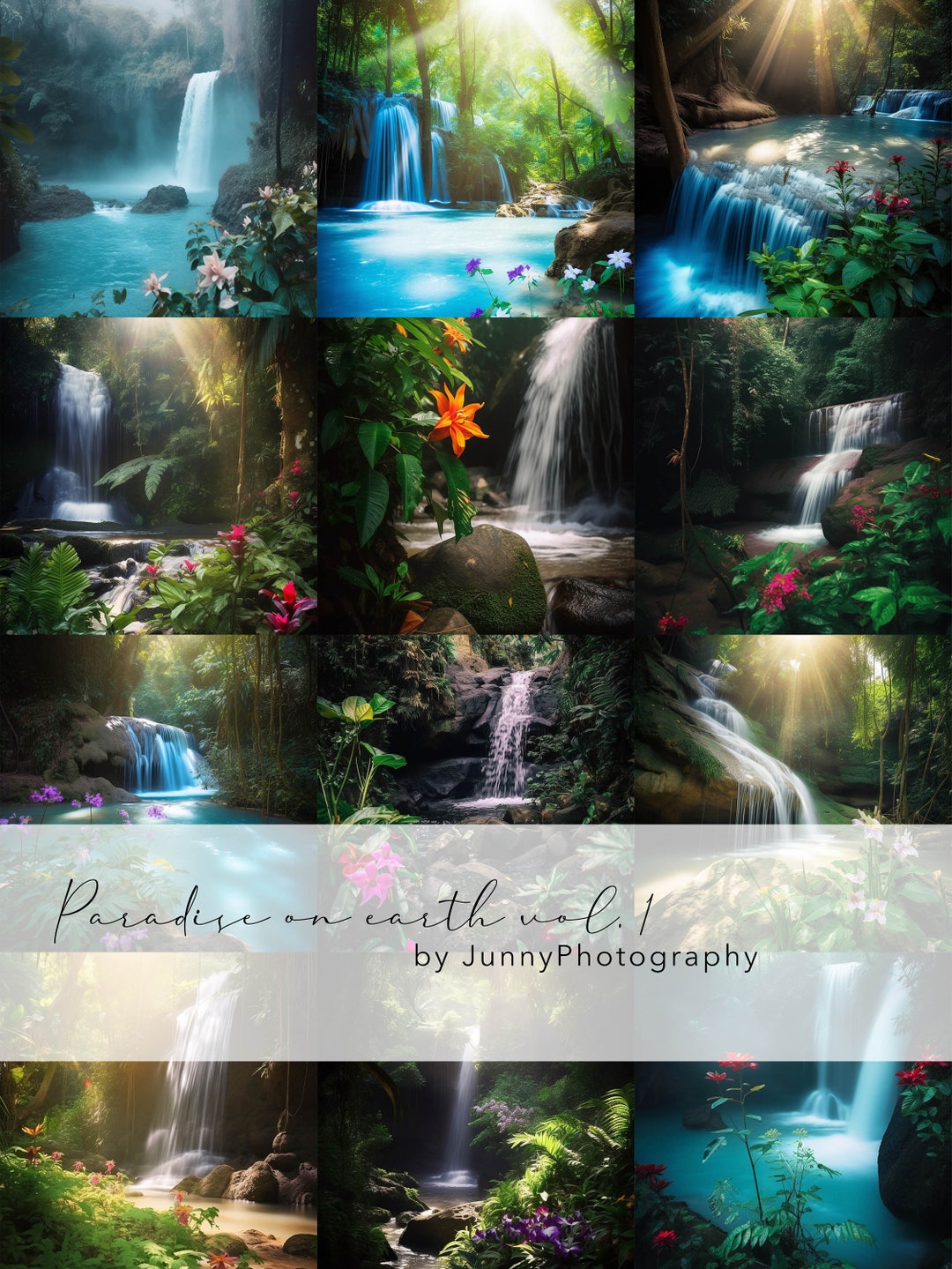 12 Tropical Waterfalls Digital Background for Photoshop, Photography ...