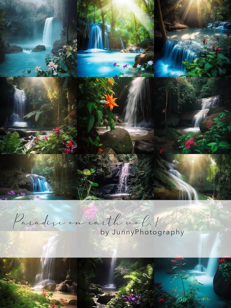 12 Tropical Waterfalls Digital Background for Photoshop, Photography ...