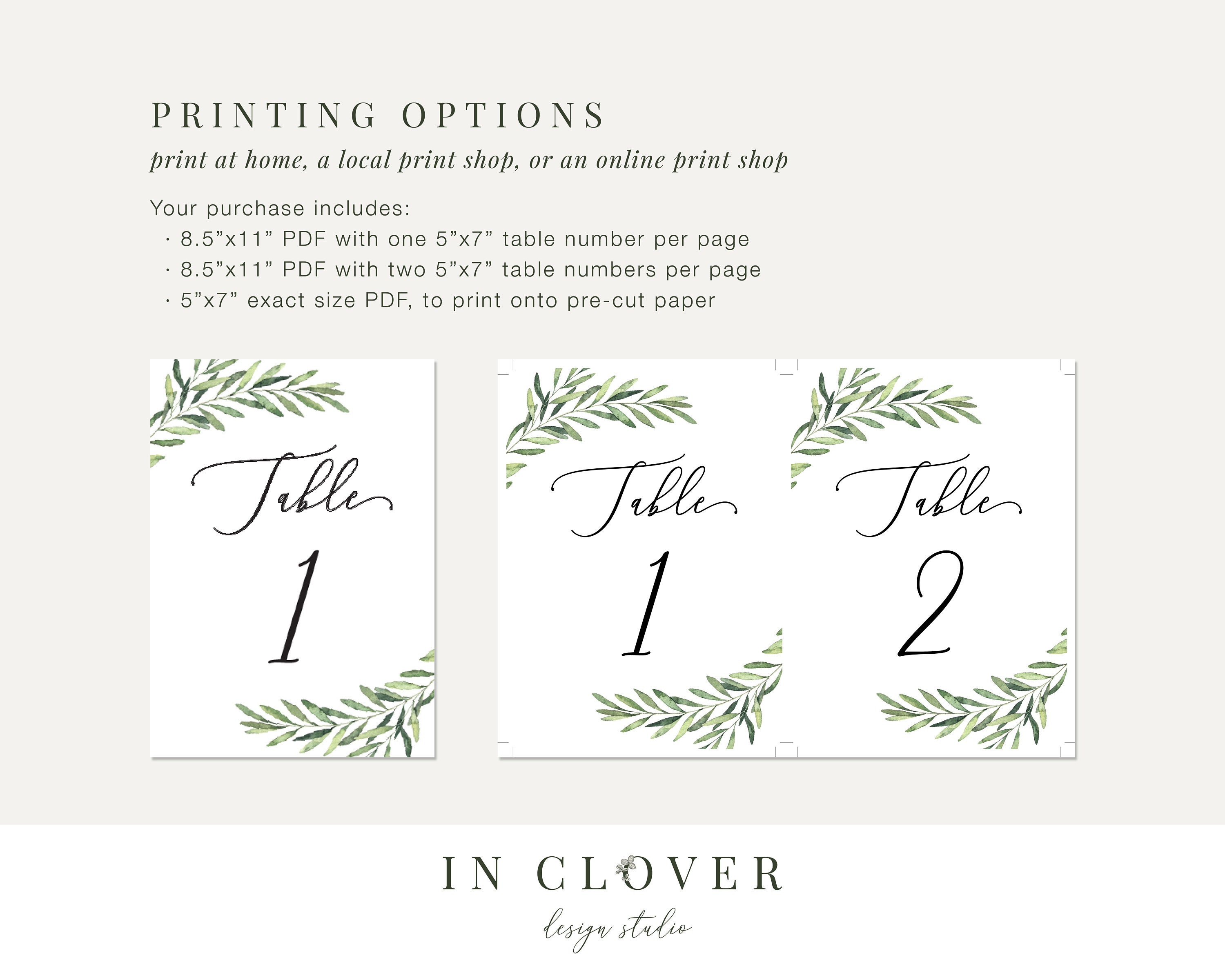 Printable Table Numbers - Botanical Leaf Greenery - Wedding Party ...