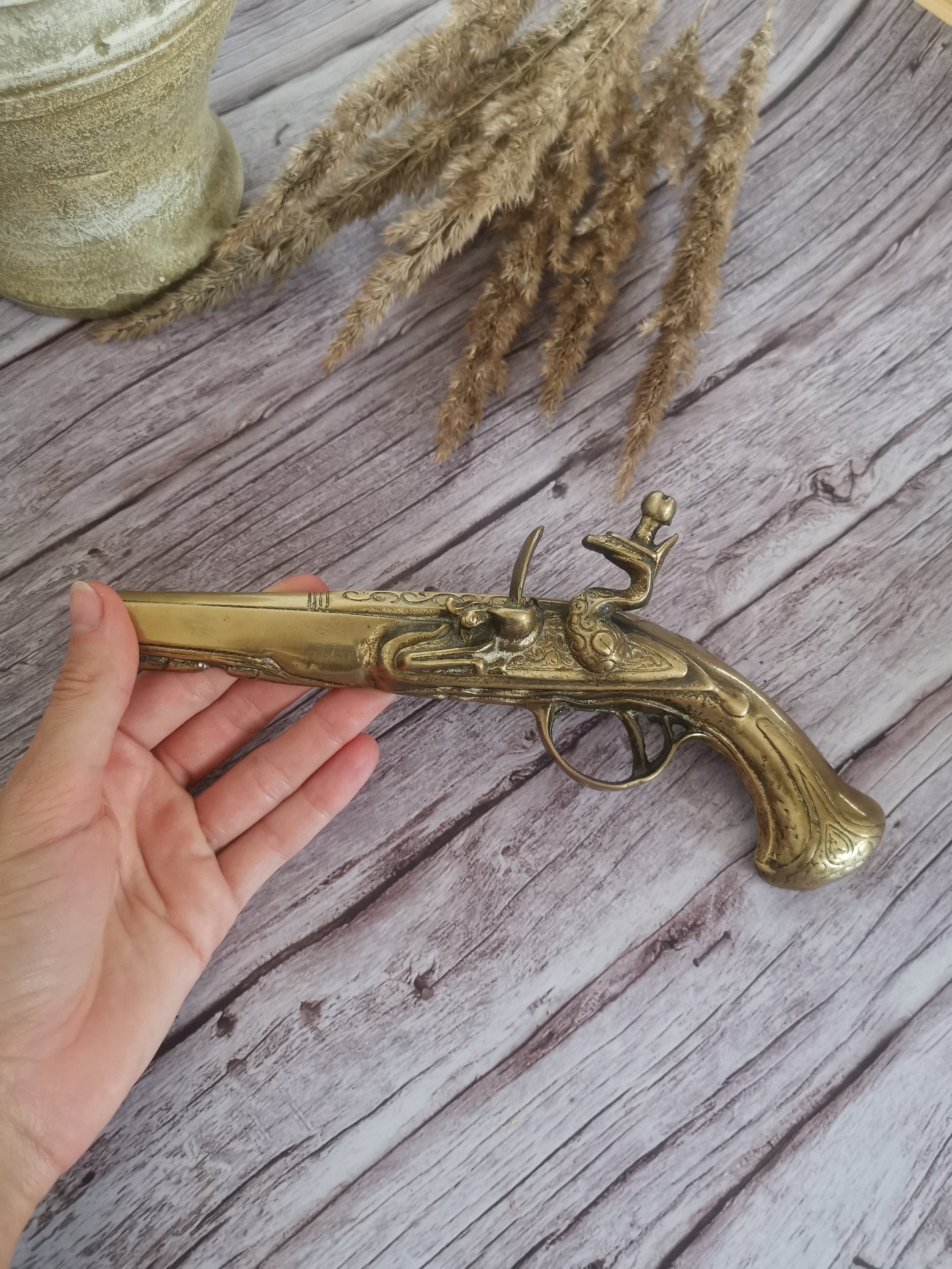 Vintage Pistol Wall Decor, Wall Hanging Pistol, Brass, Heavy Decor ...