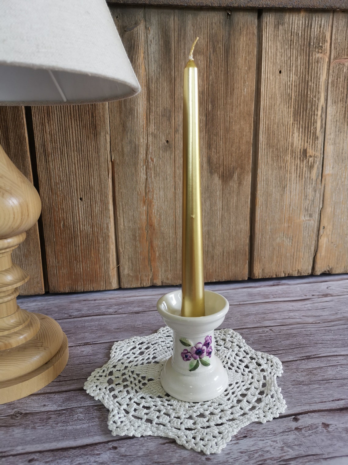 Vintage Swedish Ceramic Candle Holder With Purple Flowers, Rosa Ljung I ...