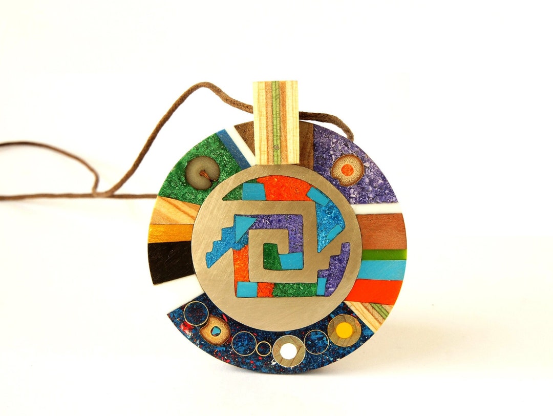 Mexican Azteca Pendant Inlaid With Stones and Natural Woods, a Unique ...