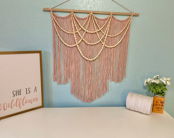 Modern Pink Macrame Wall Hanging With Wood Bead Accent - Etsy
