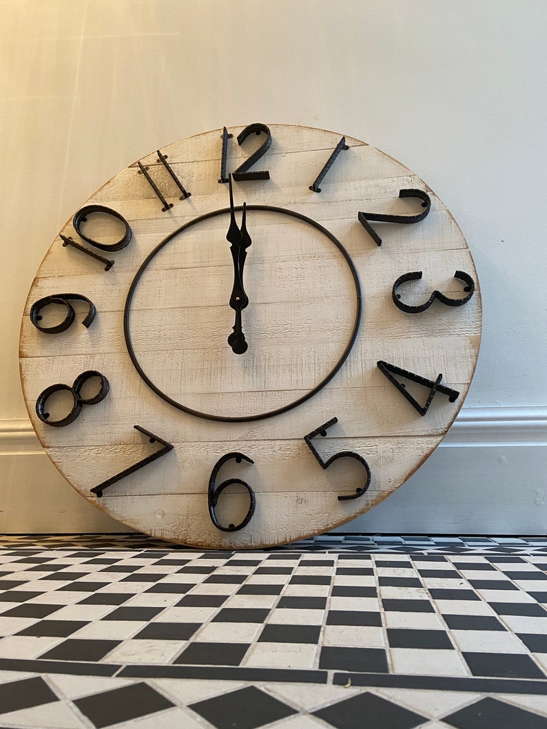 XL Recycled Wood and Metal Cream and Black Wall Clock. - Etsy UK