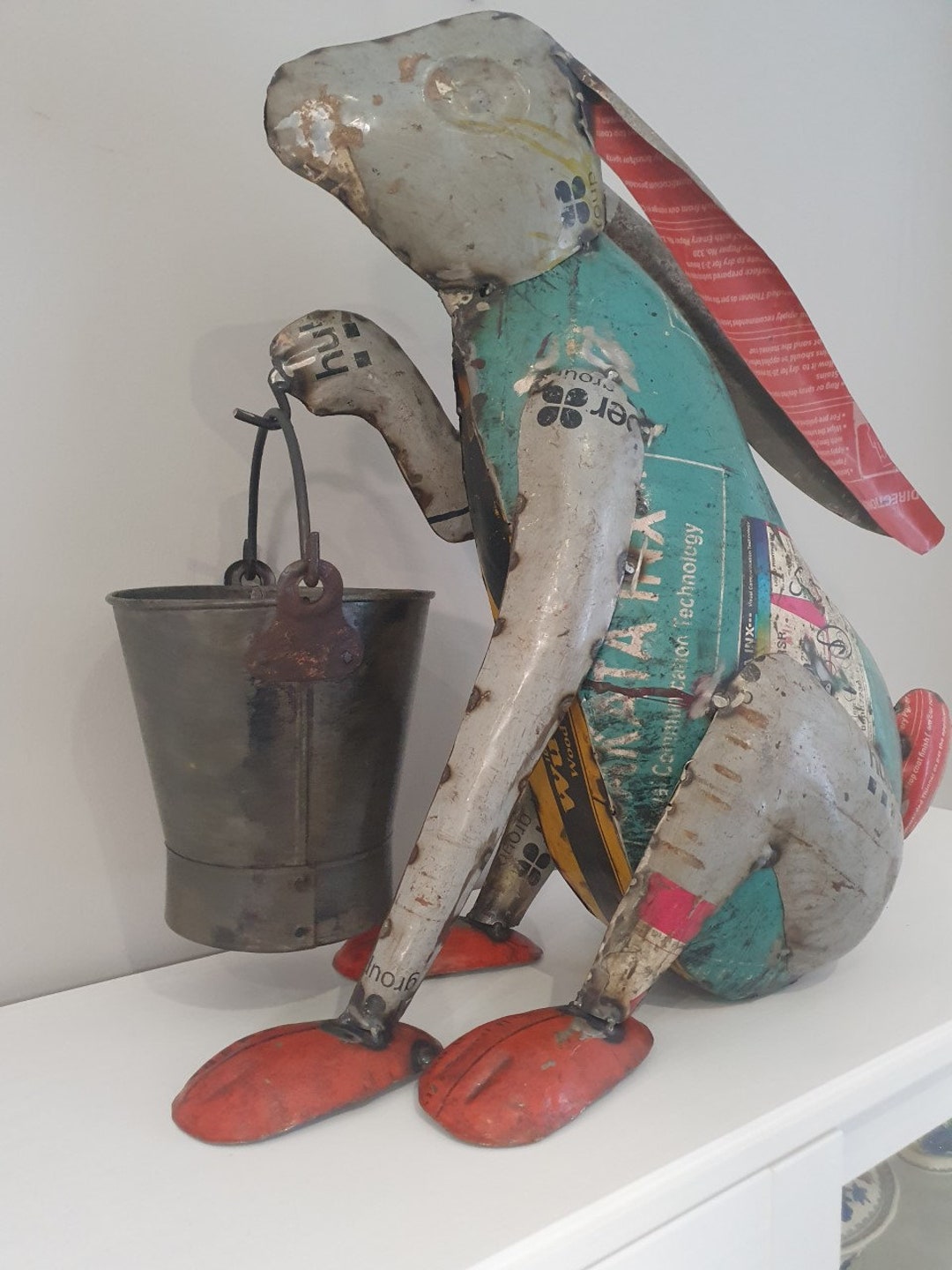 Unique Handmade From Recycled Metal Giant Rabbit With Bucket for Home ...