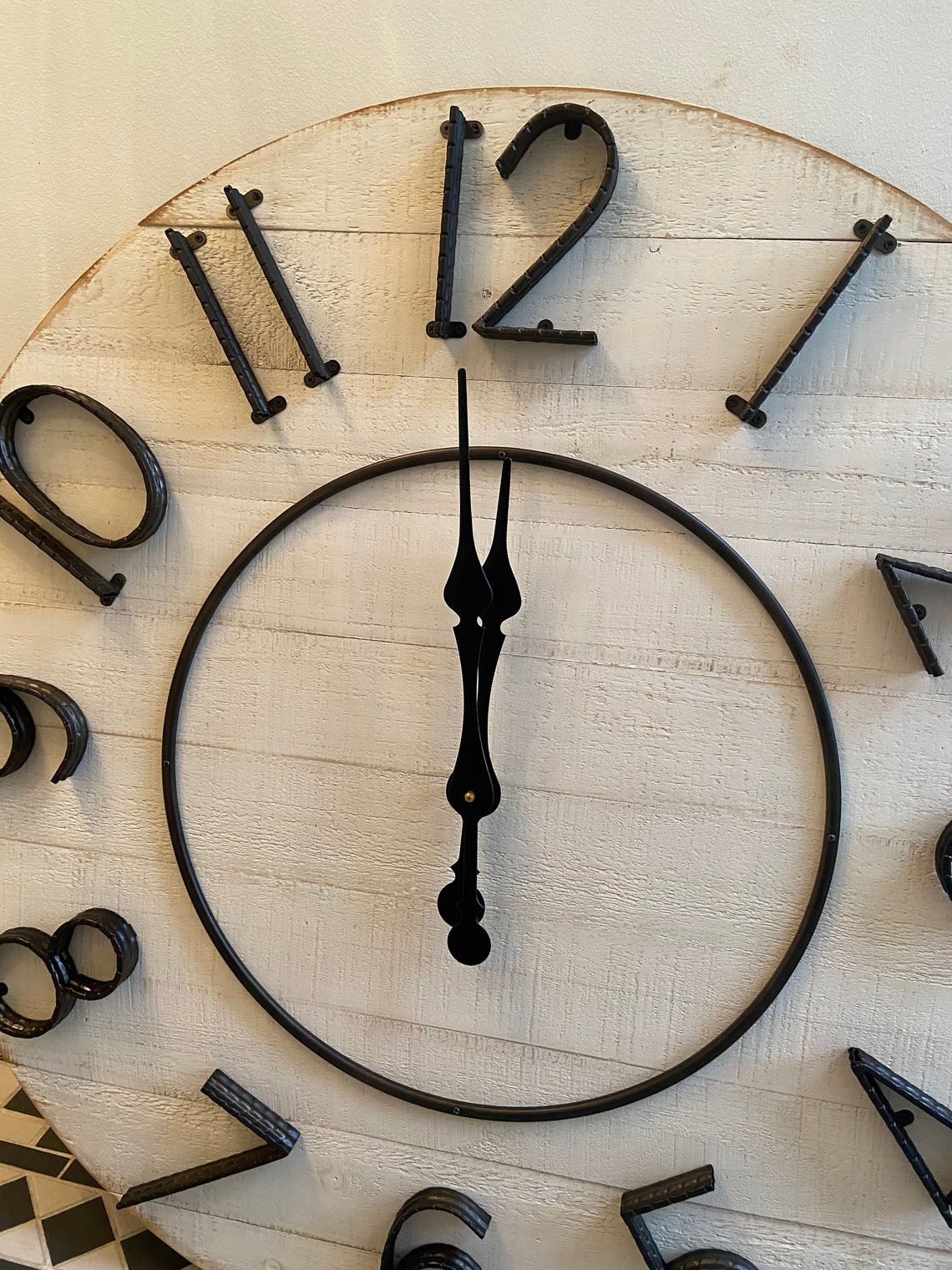 XL Recycled Wood and Metal Cream and Black Wall Clock. - Etsy UK