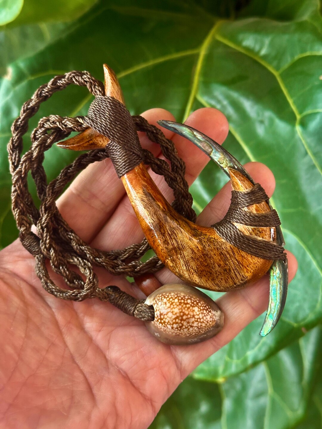 Original Hawaiian Design Mango Wood and Pāua Abalone Makau Hook, Hand ...