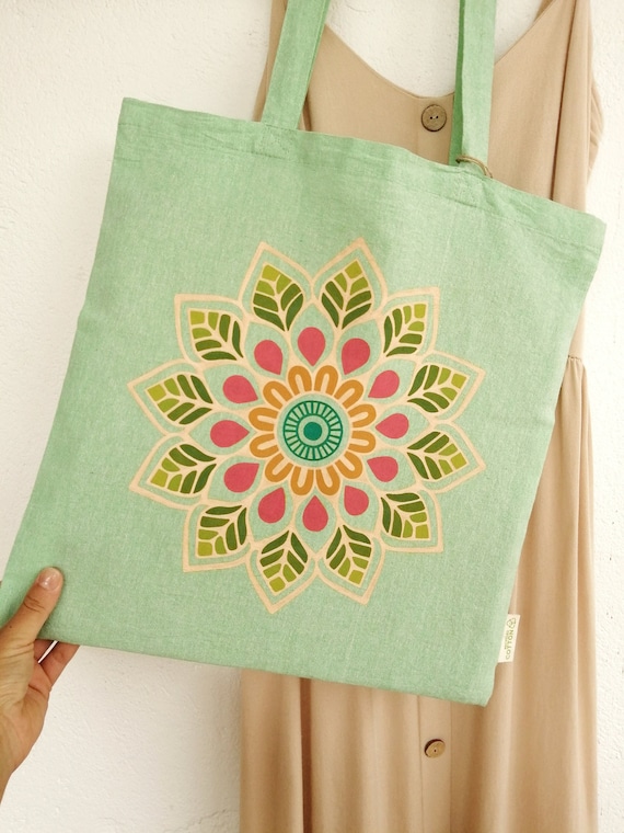Mint green bag with painted Mandala/ Light green shopping bag/ | Etsy