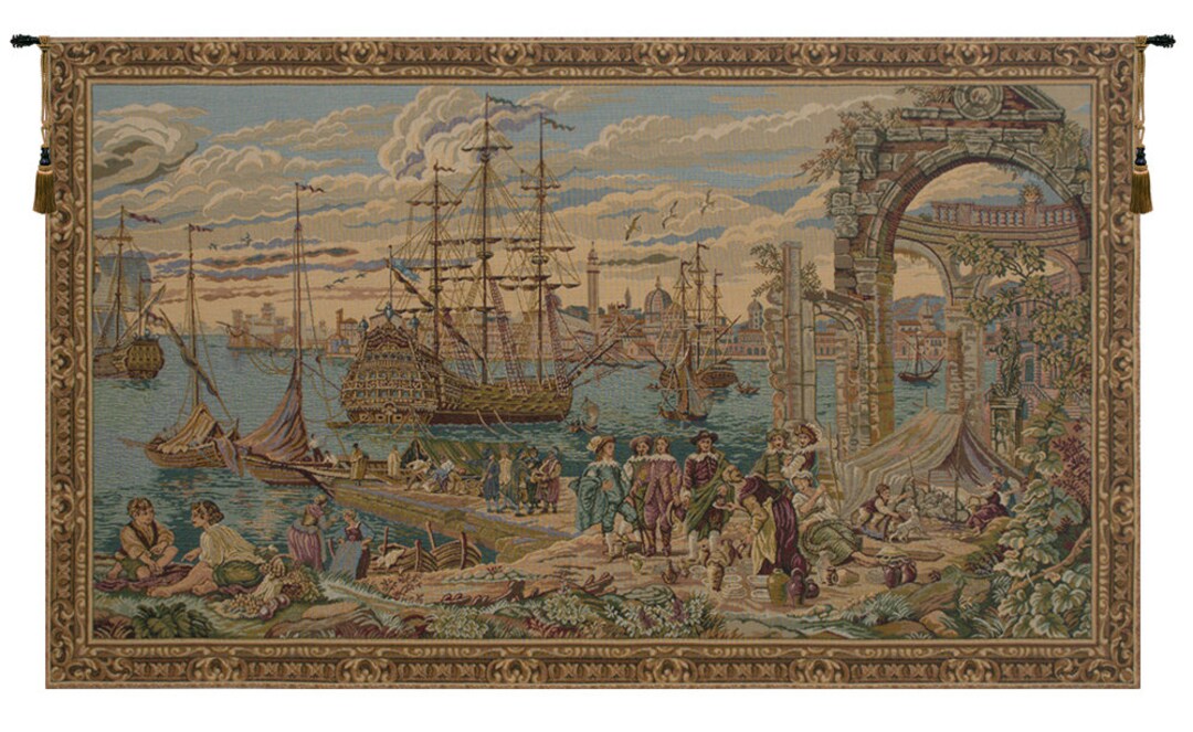 European Harbour Tapestry - Coastal Seascape Wall Hanging - Woven ...