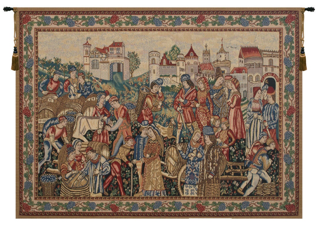 European Wine Merchants Medieval Tapestry - Gobelin Woven Belgian Wall ...