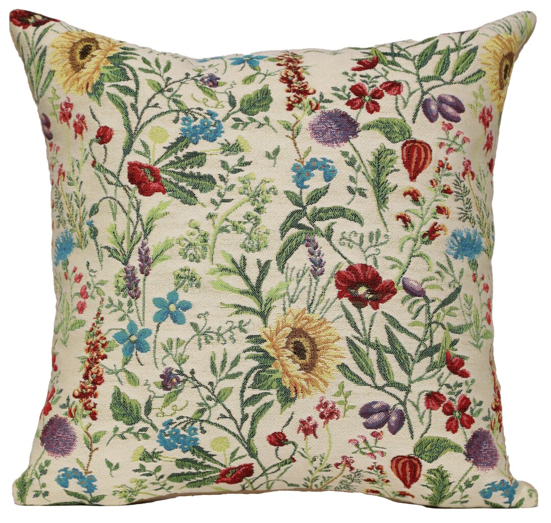 Fleurs Des Champs Jacquard Woven Belgian Tapestry Cushion 18x18 Inch ...