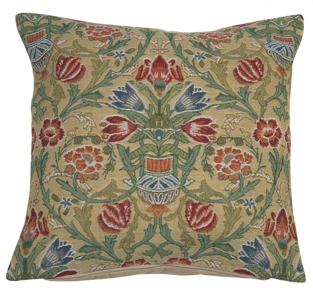 Belgian Floral Cushion Cover, 16x16, Jacquard Woven Gobelin Tapestry ...