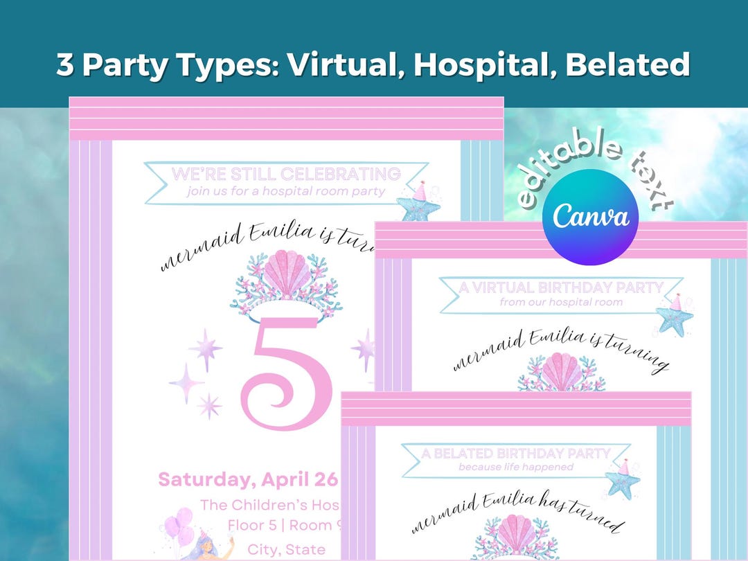 Editable Hospital Birthday Invite & Matching Thank You - Mermaid Bday ...