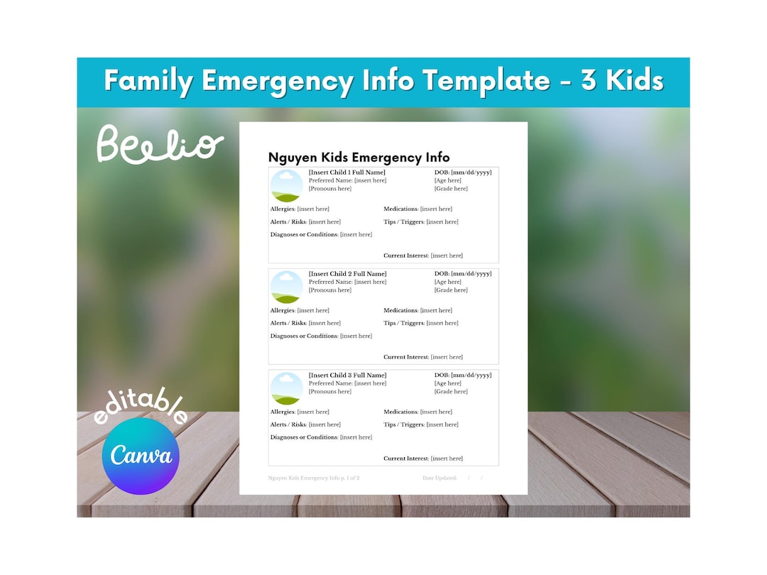 Editable Emergency Info Sheet for 3 Kids | Babysitter Info | Back to ...