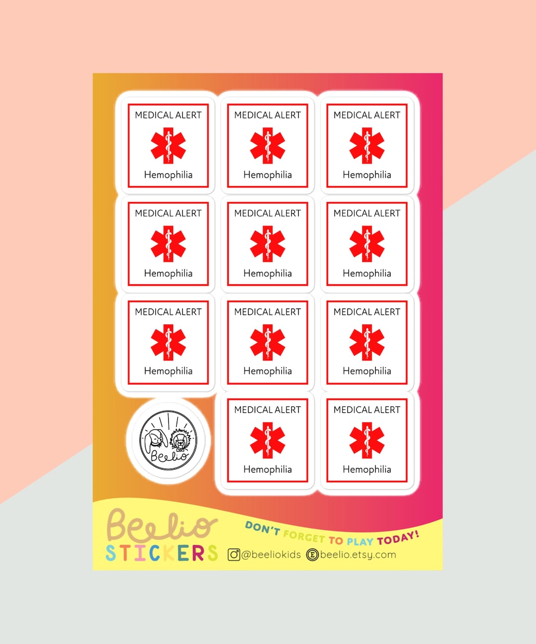 Hemophilia Medical Alert Sticker Sheet | Bleeding Disorder Safety ...