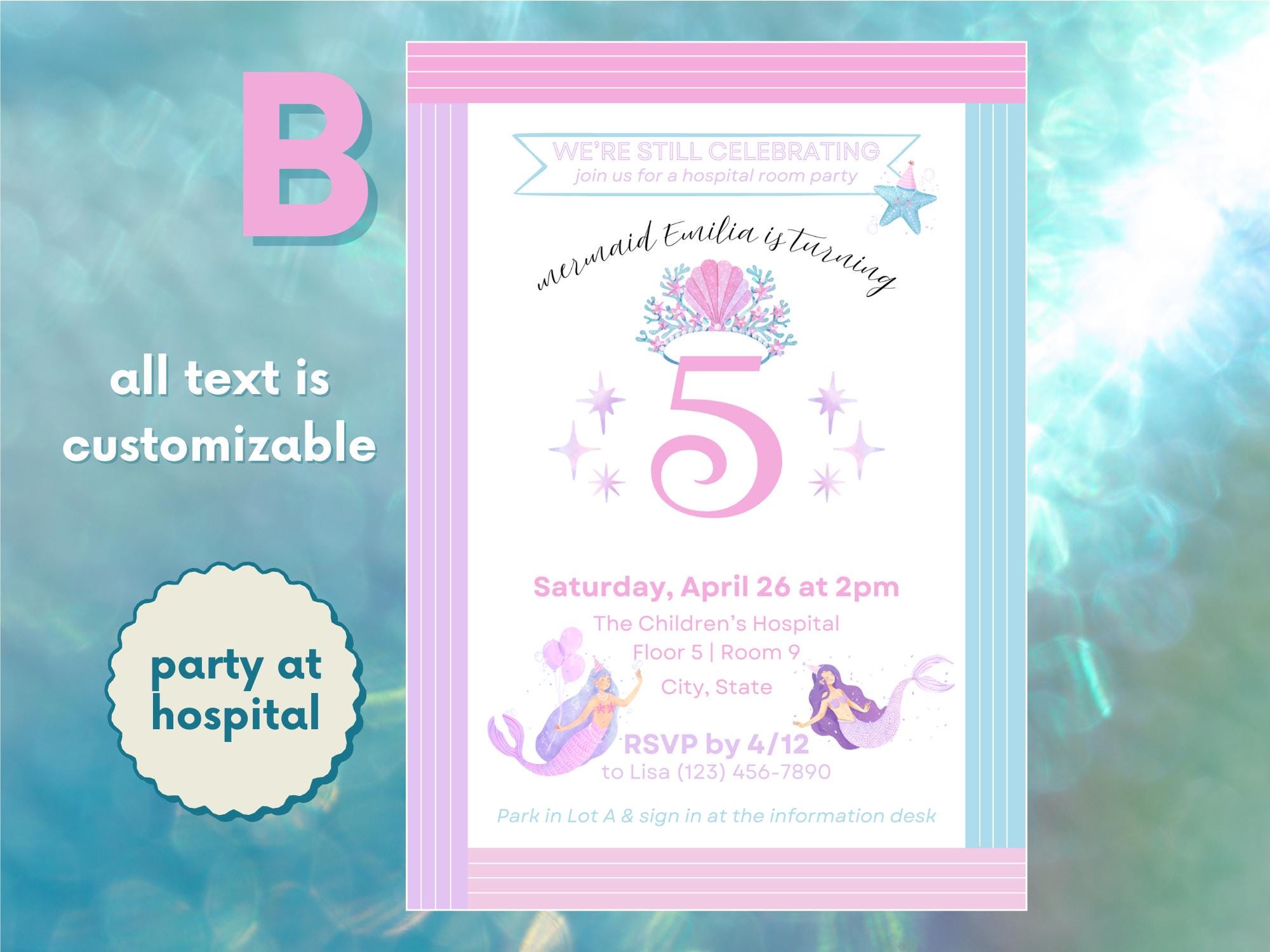 Editable Hospital Birthday Invite & Matching Thank You - Mermaid Bday ...