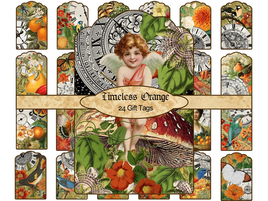 Vintage Orange Printable Gift Tags: Clock Faces, Fairies, Flowers (24 ...