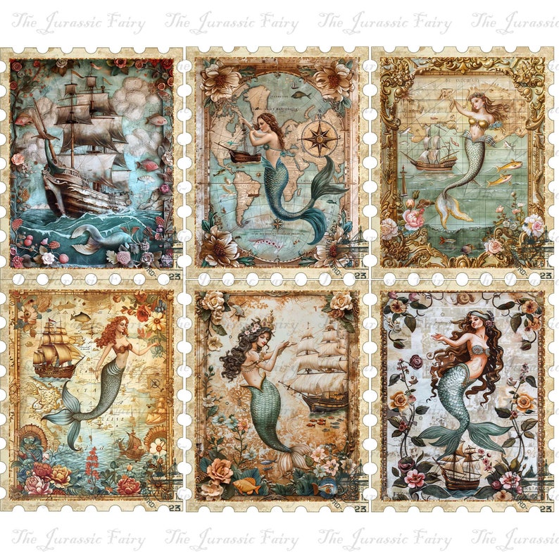 Mermaids Faux Stamps Printables Sea, Galleon Ships, Treasure Chests ...