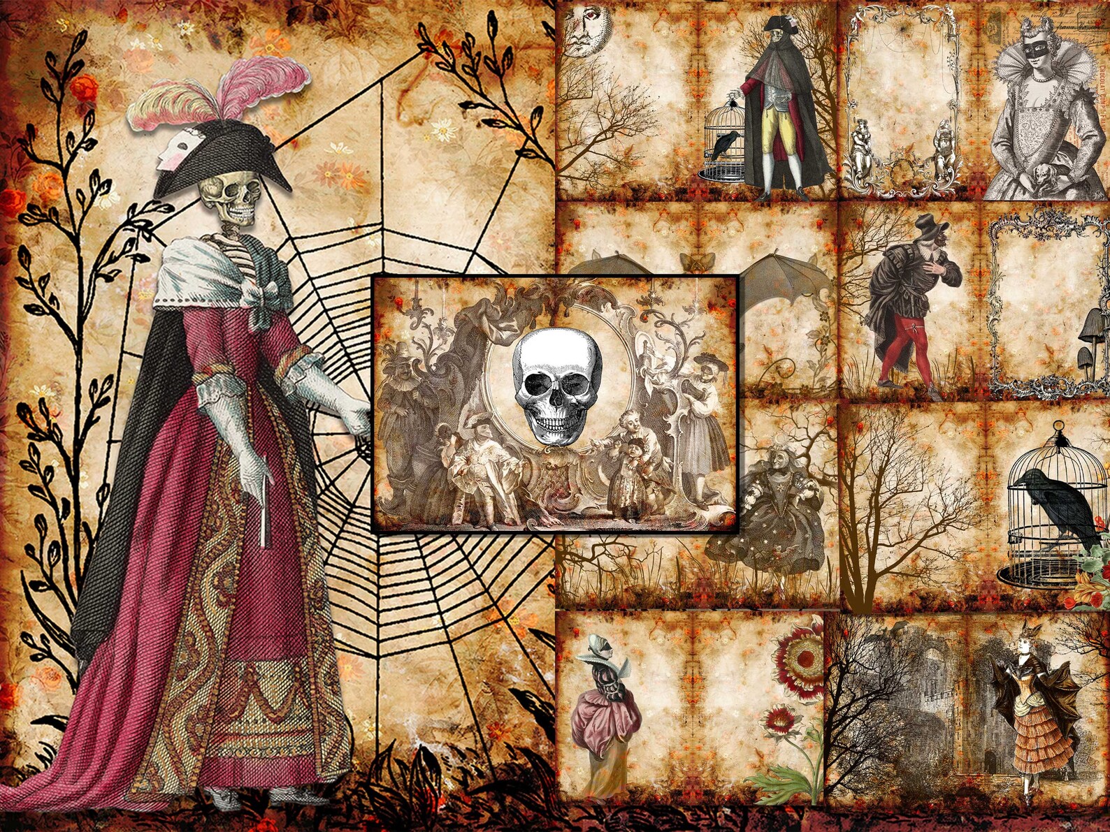 Set of 10 Vintage Style Halloween Masquerade A4 Digital Scrapbook ...