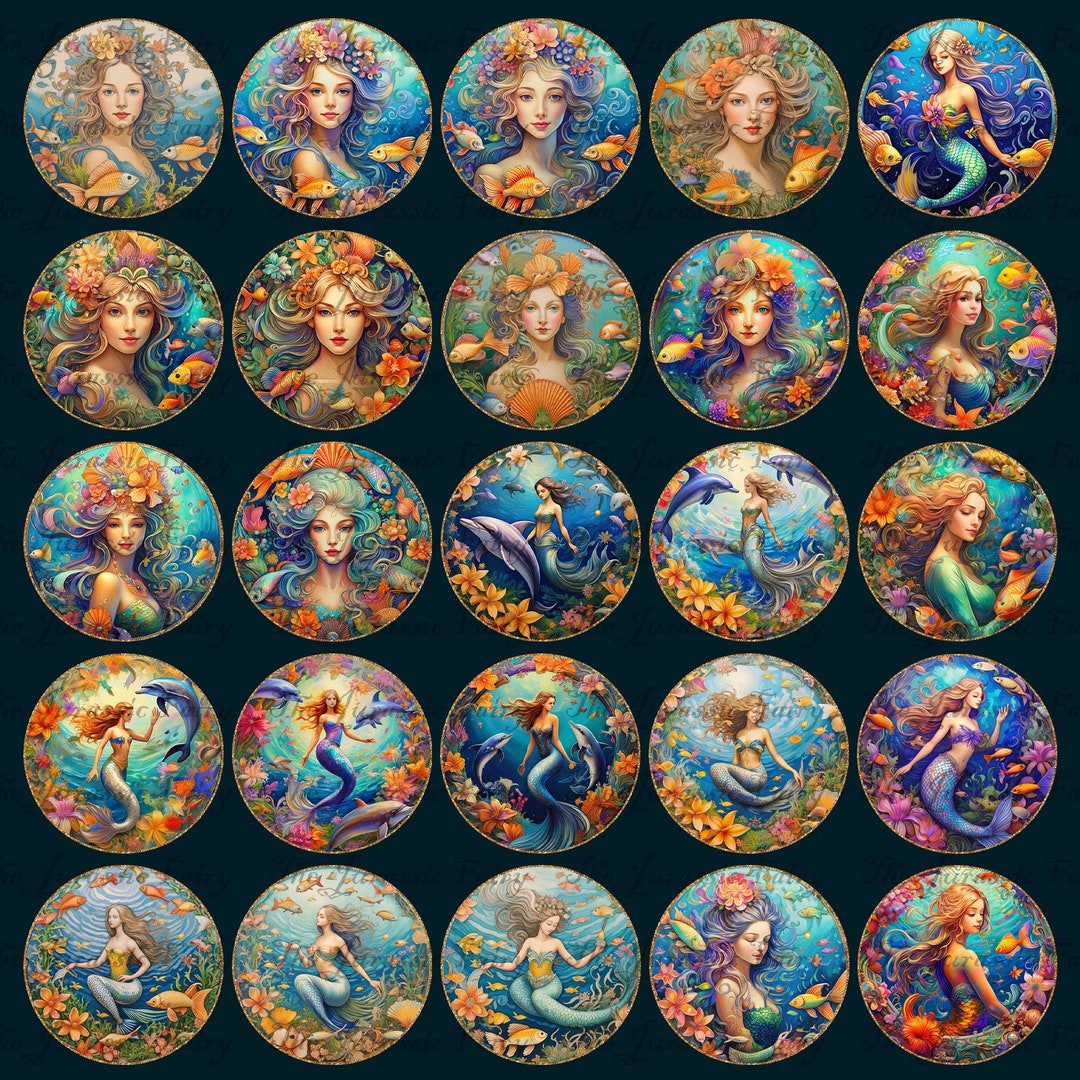 40 Printable Circles Under the Sea Mermaids, Fish, Dolphins and Flowers ...