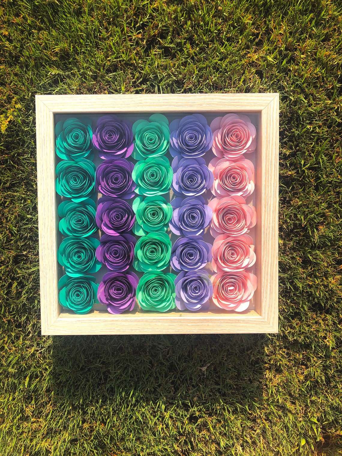 Rose Shadow Box With Beige Frame & Teal, Purple, and Pink Color Way - Etsy