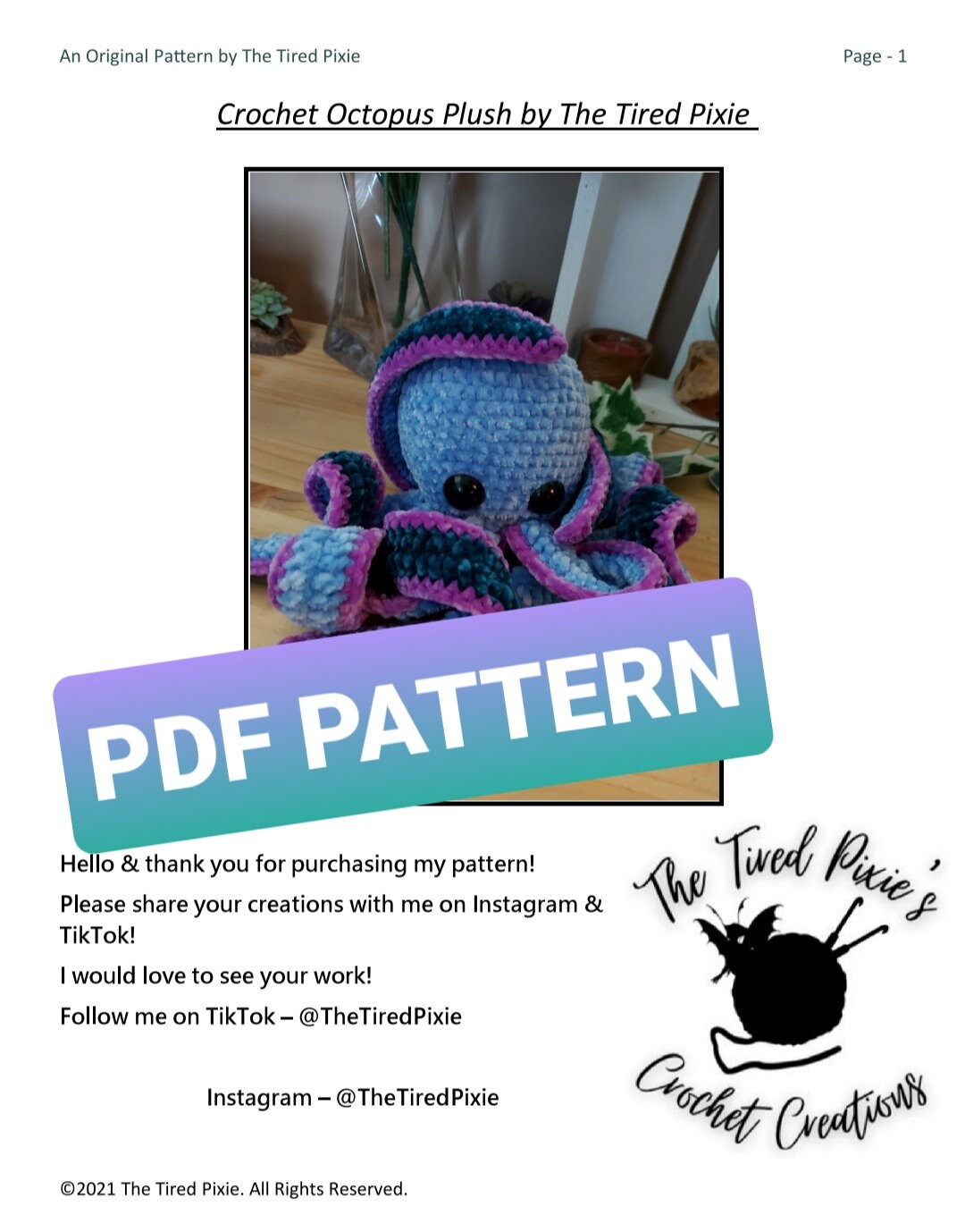 Crochet Octopus Pattern, PDF Digital Download Pattern, Crochet Octopus ...