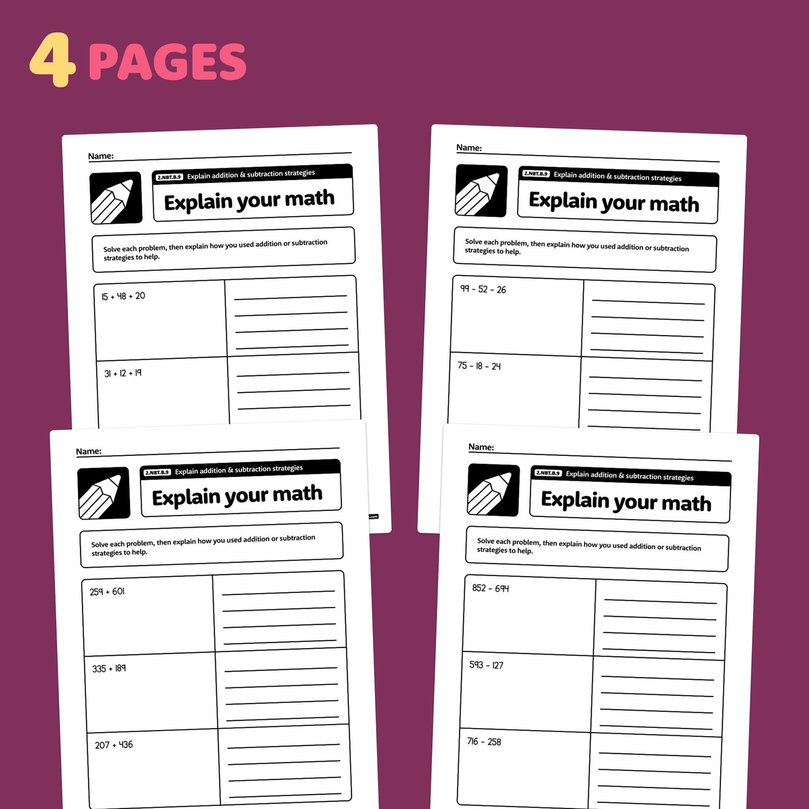 Explain Addition & Subtraction Strategies Worksheets | 2nd Grade Place ...