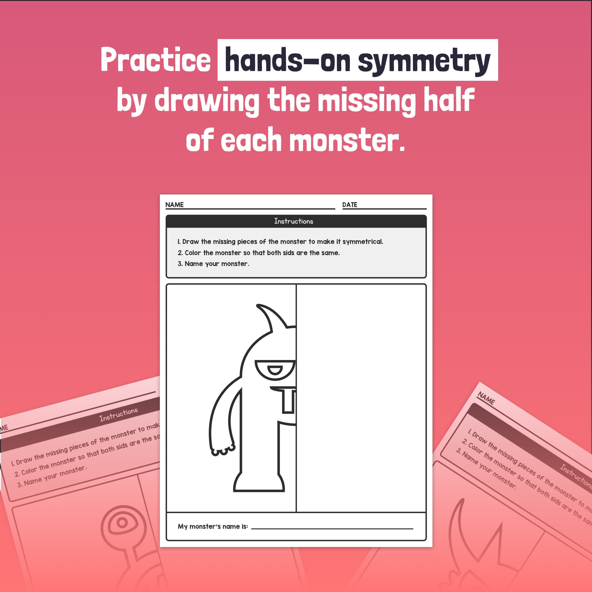 Symmetry Worksheets – 3rd, 4th, 5th Grade / Monster Symmetry Math ...