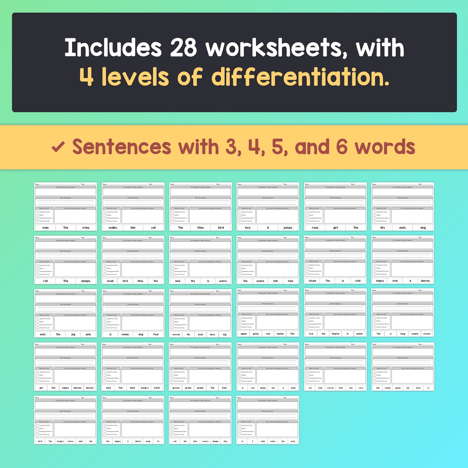 Sentence Building Printable | Kindergarten & 1st Grade Cut and Paste ...
