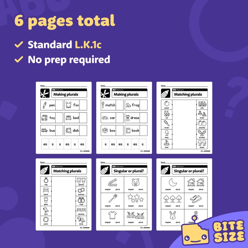 Singular & Plural Nouns Worksheets and Centers | Kindergarten ELA ...