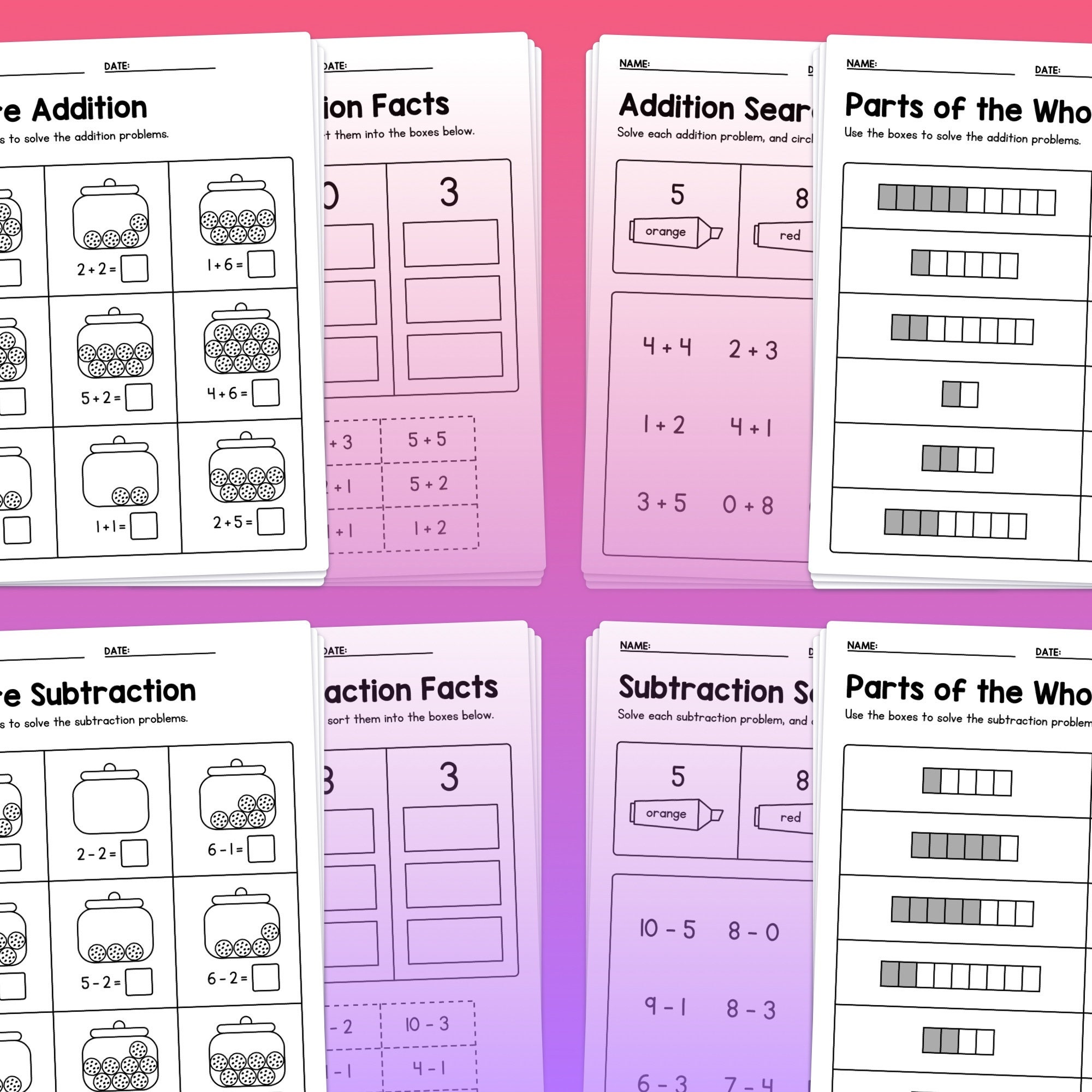 No Prep Addition & Subtraction Worksheets Pre-k, Kindergarten, 1st ...