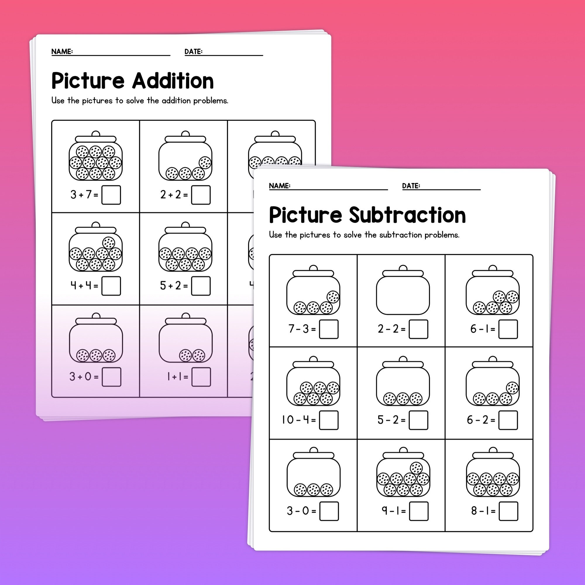 No Prep Addition & Subtraction Worksheets | Pre-k, Kindergarten, 1st ...