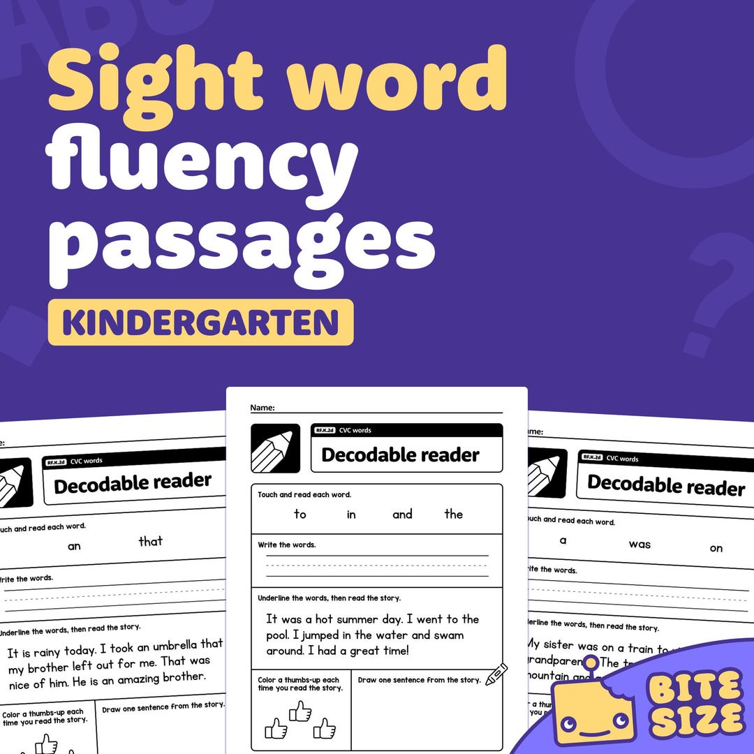 Sight Word Fluency Passages Worksheets | Kindergarten Decodable Reading ...