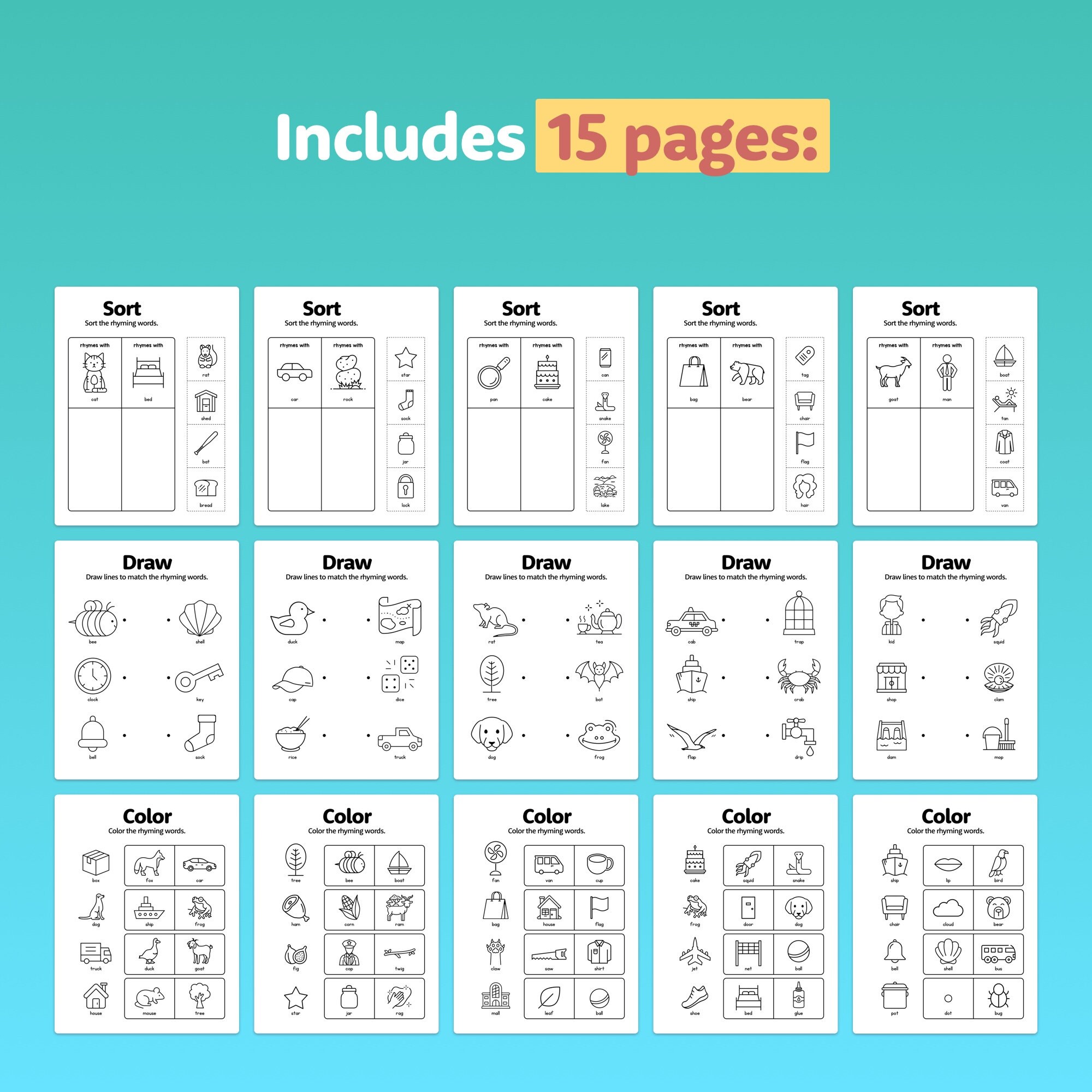 Rhyming Words Worksheets | Kindergarten Rhyming & Phonemic Awareness ...