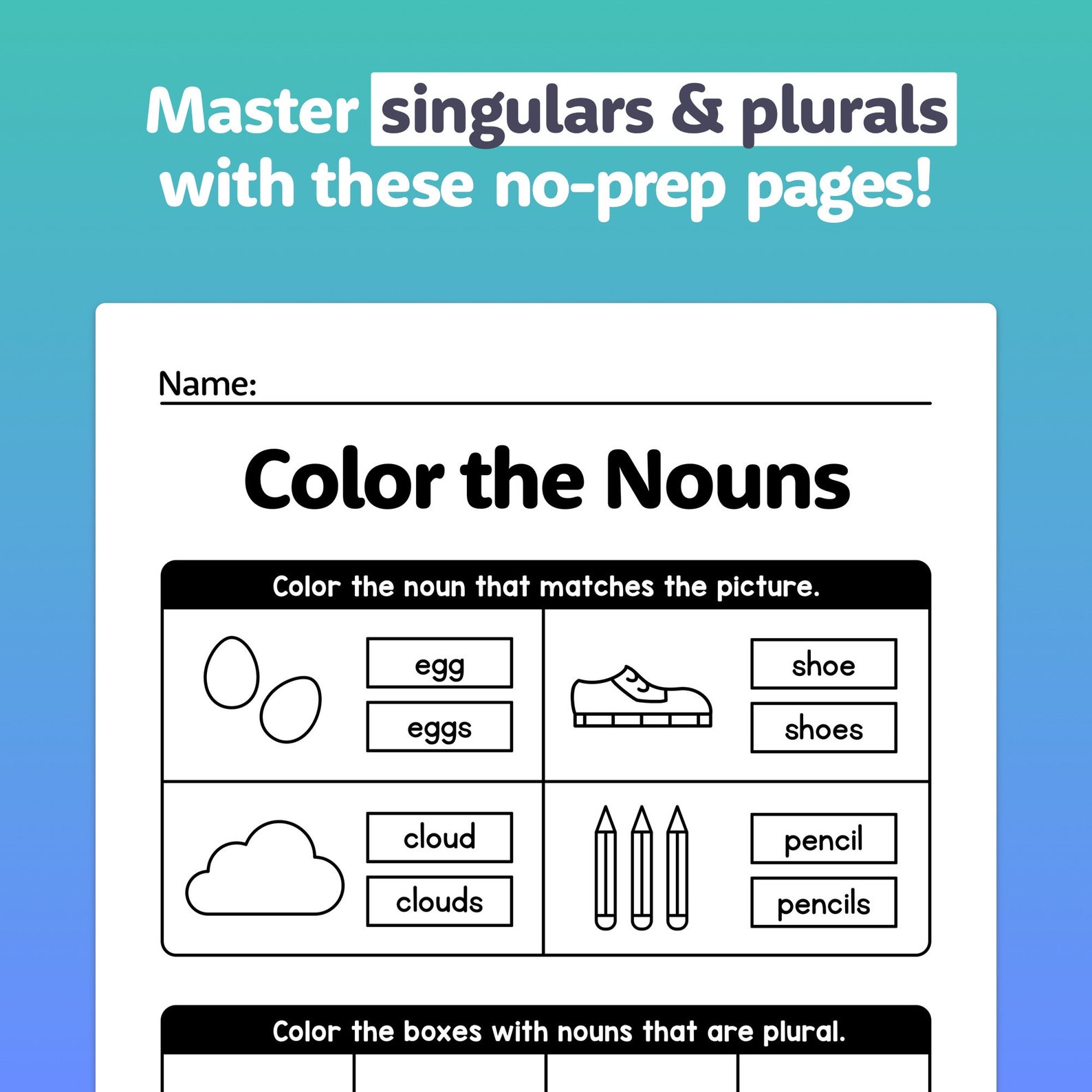Singular & Plural Nouns Worksheets | Kindergarten, 1st Grade and 2nd ...