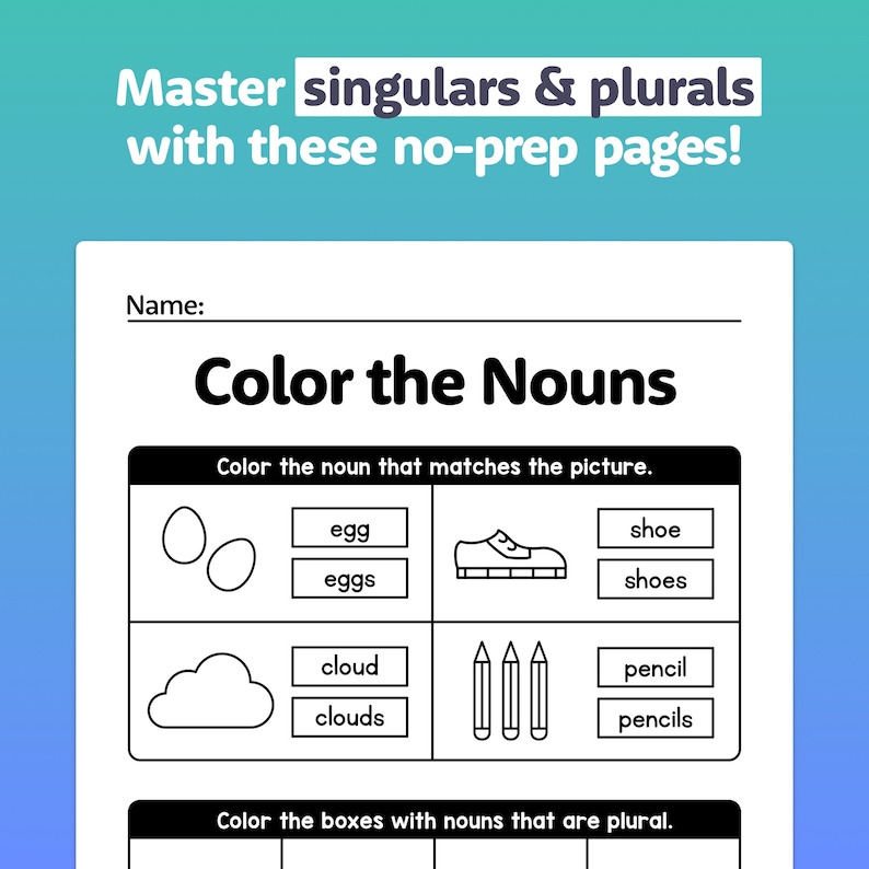 Singular & Plural Nouns Worksheets | Kindergarten, 1st Grade and 2nd ...