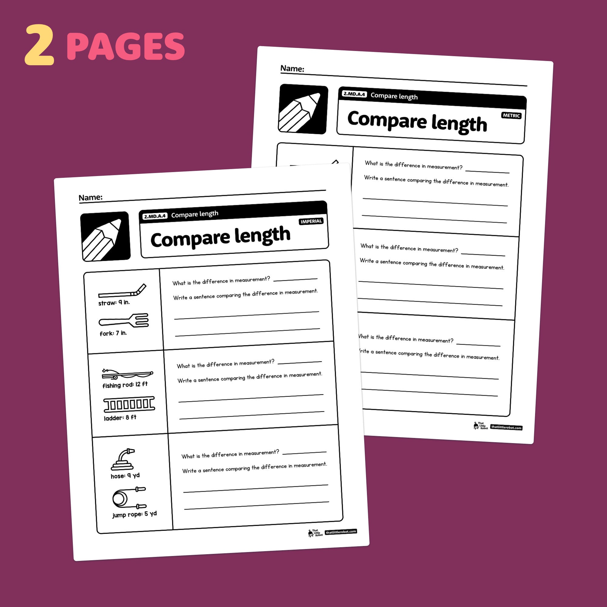 Compare Length Worksheets 2nd Grade Math Centers and Measurement ...