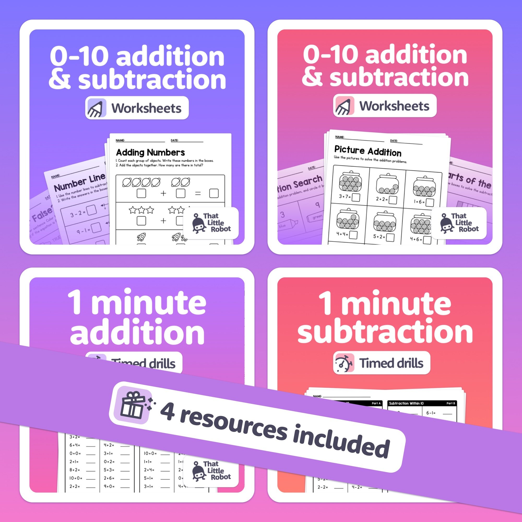 No Prep Addition & Subtraction Bundle Kindergarten, 1st, 2nd Grade ...