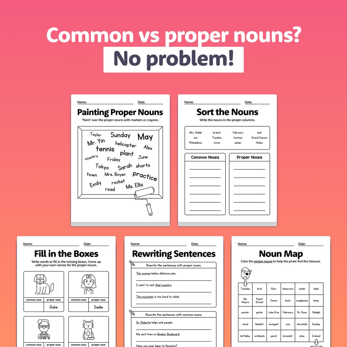 Common and Proper Nouns Worksheets 1st & 2nd Grade Grammar Activities ...