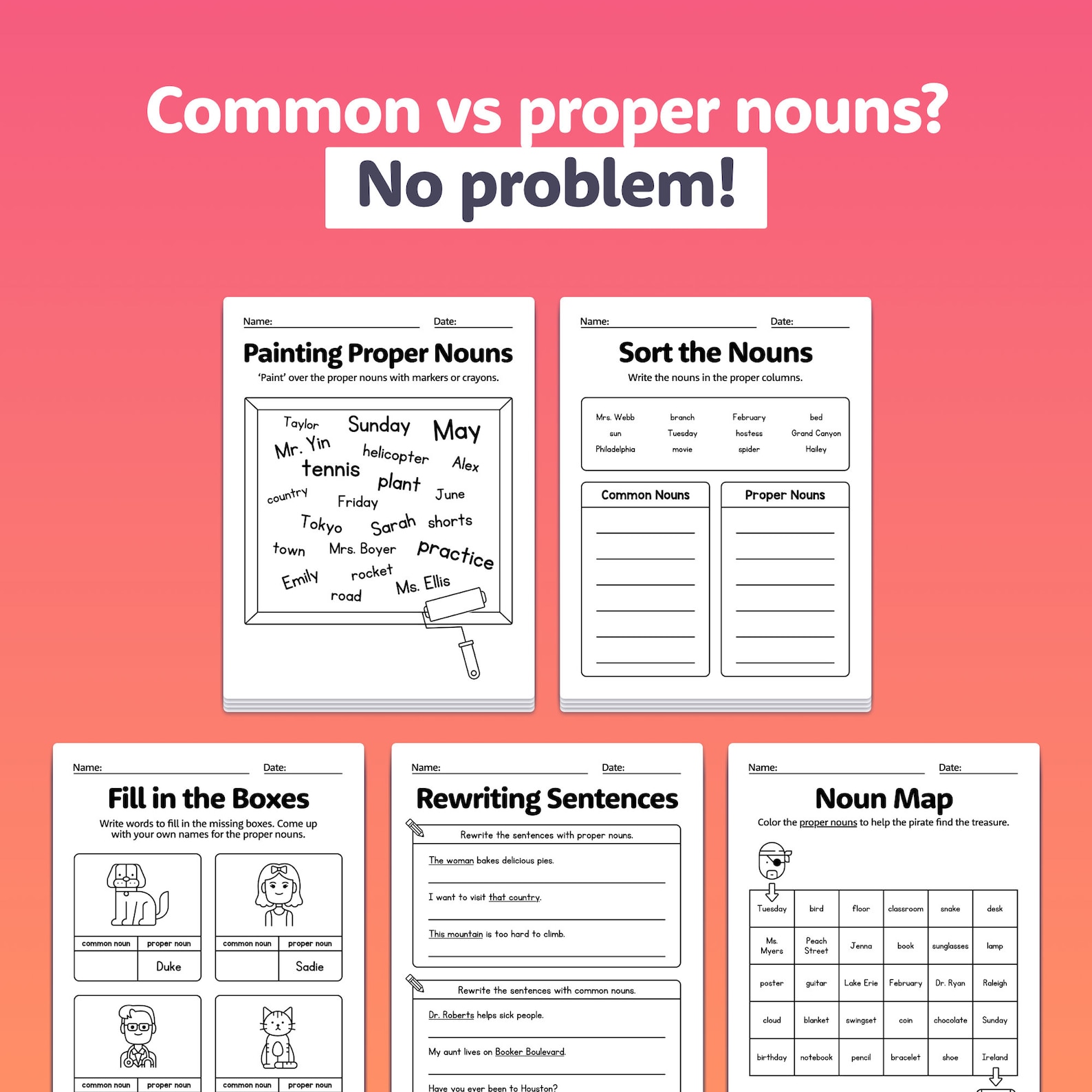 Common and Proper Nouns Worksheets | 1st & 2nd Grade Grammar Activities ...