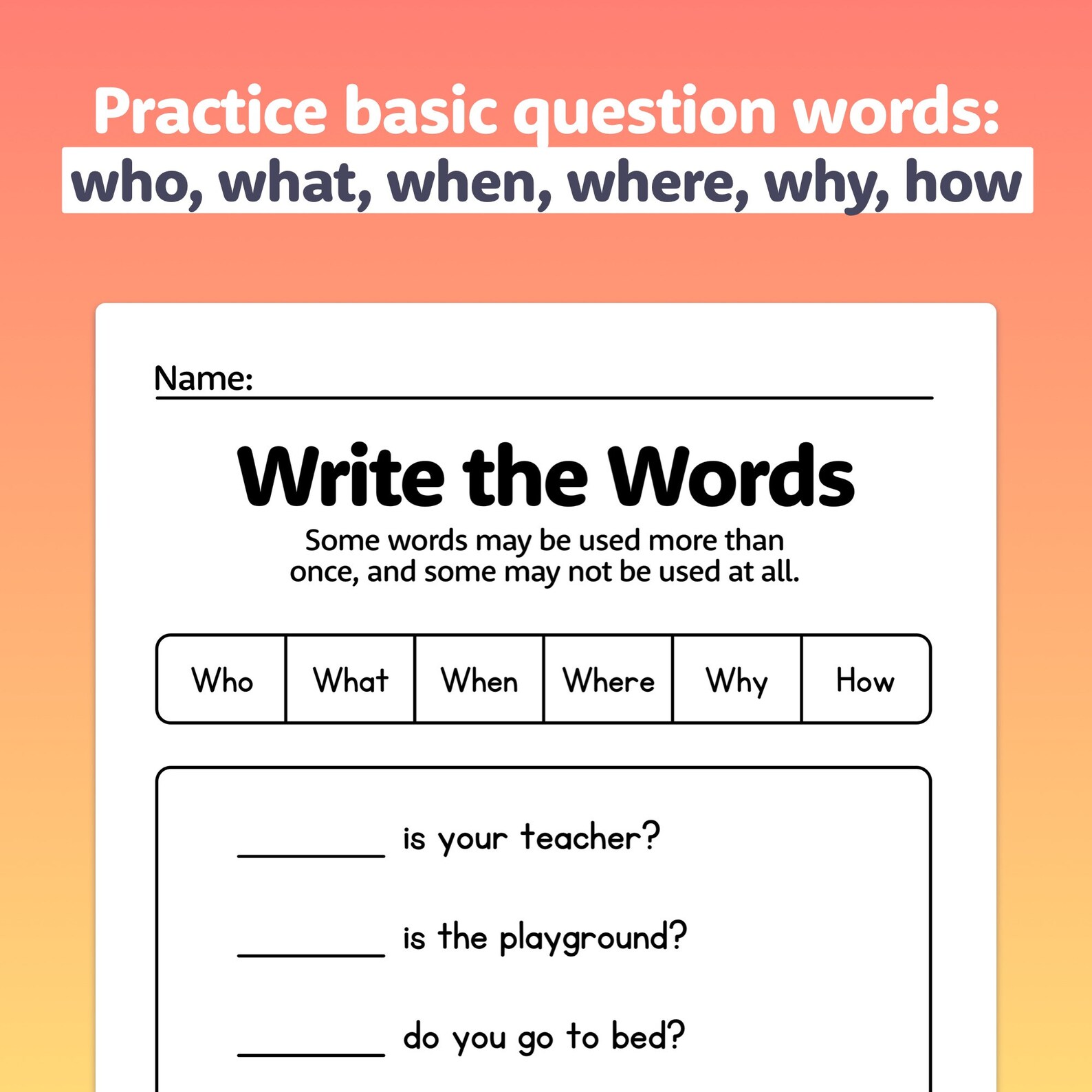 No Prep Question Words Worksheets | Kindergarten, 1st, & 2nd Grade ...