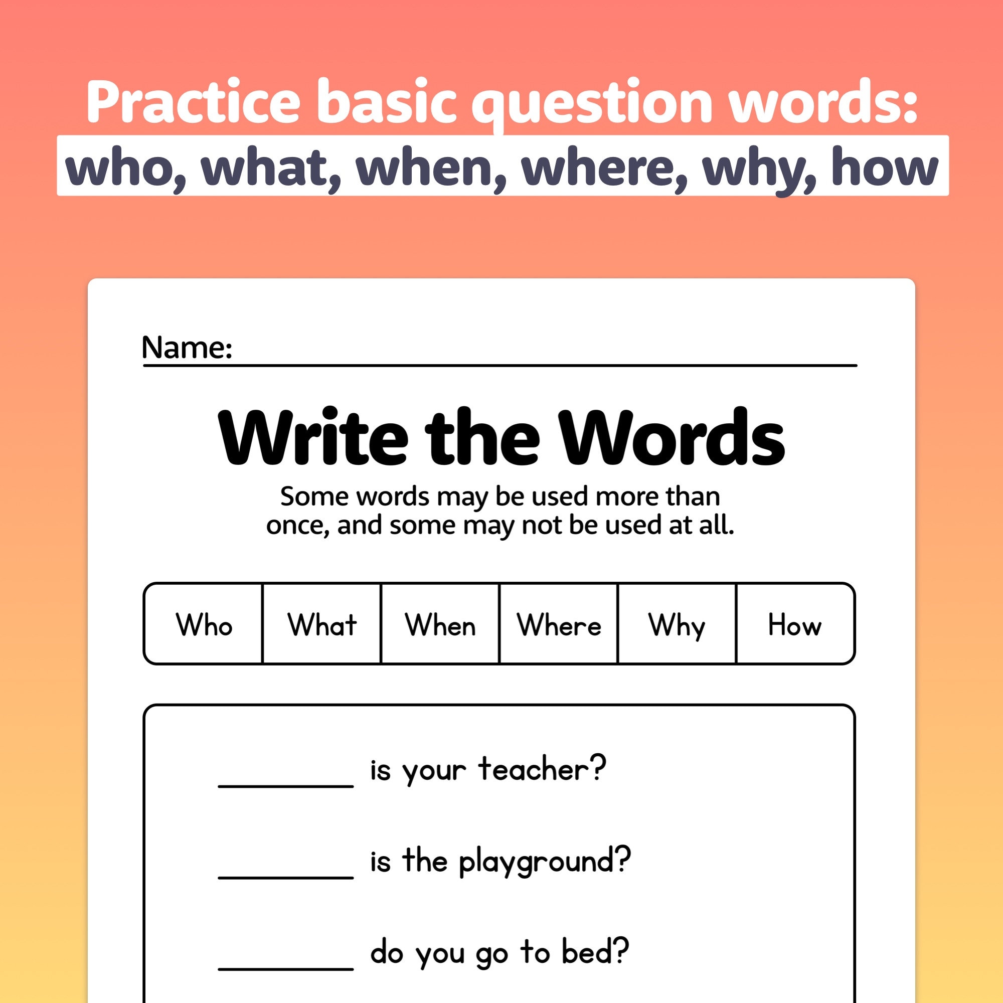 No Prep Question Words Worksheets | Kindergarten, 1st, & 2nd Grade ...