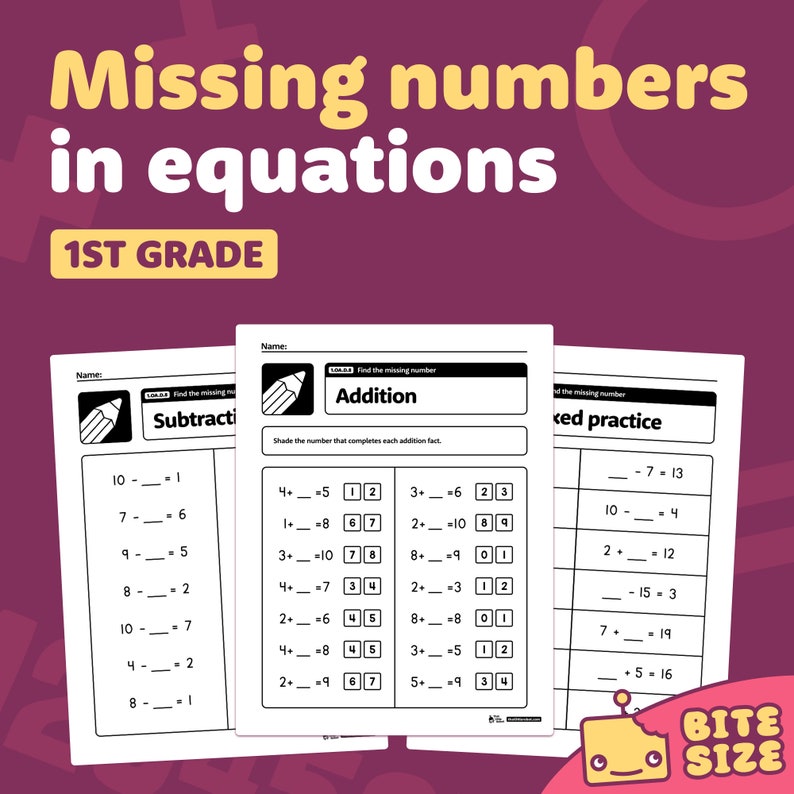1st Grade Missing Numbers in Equations Worksheets | 1.OA.D.8 No Prep ...