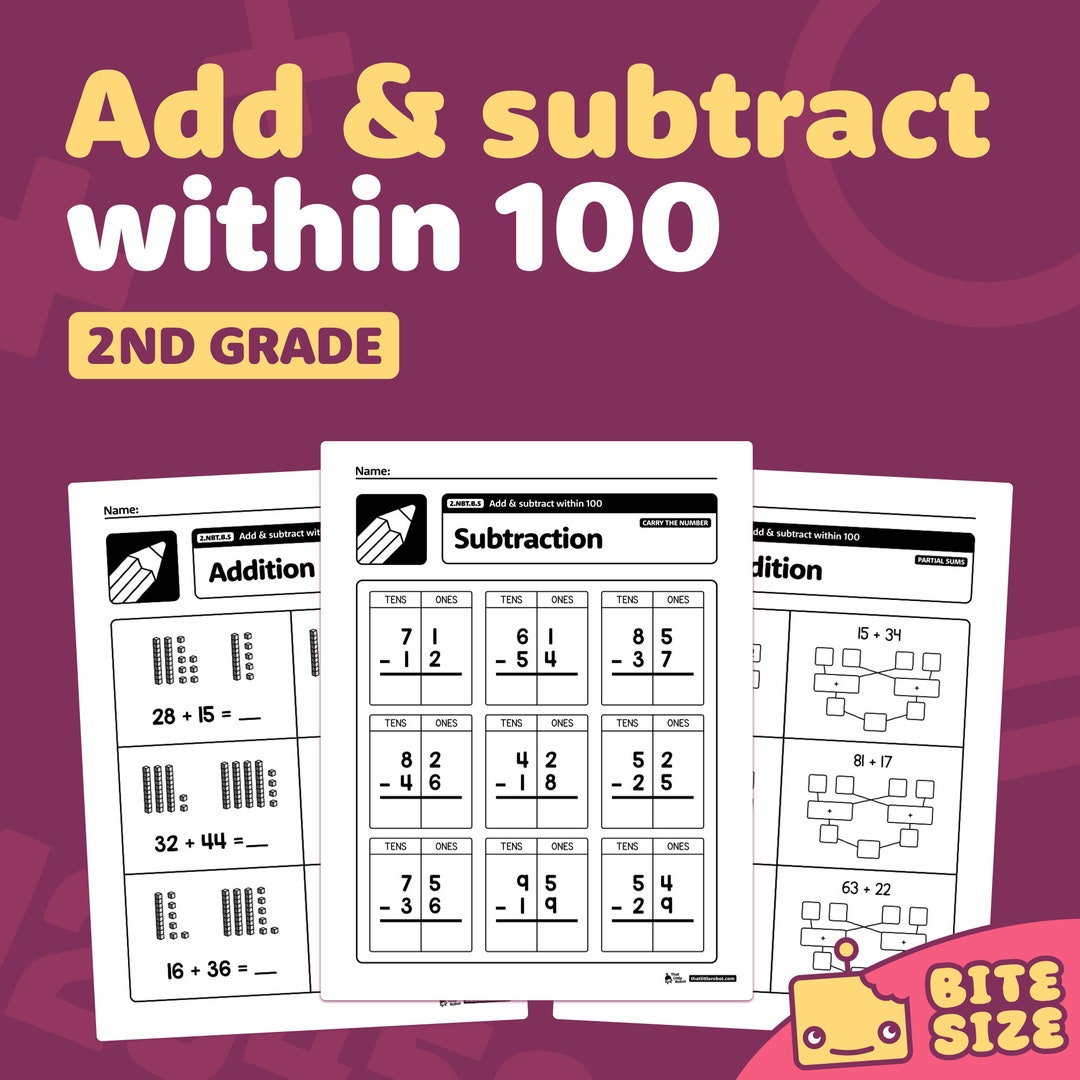 Addition & Subtraction Within 100 Worksheets 2nd Grade Place Value Math ...